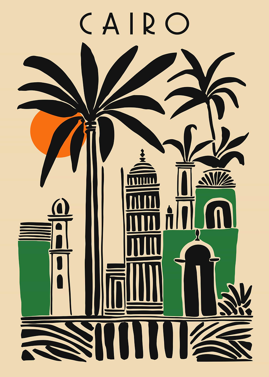 'Cairo Illustration with Palm Trees and Buildings' Poster, picture ...