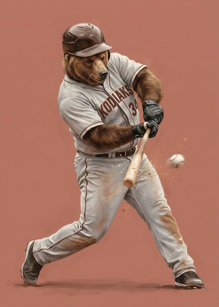 'Bear Baseball Player Hitting Ball' Poster, picture, metal print, paint ...