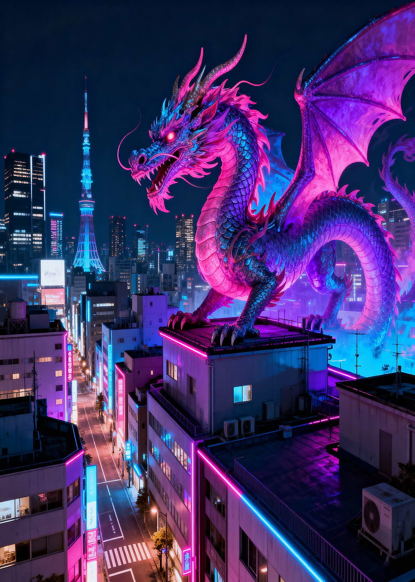 'Neon Dragon Over Tokyo Cityscape' Poster, picture, metal print, paint ...