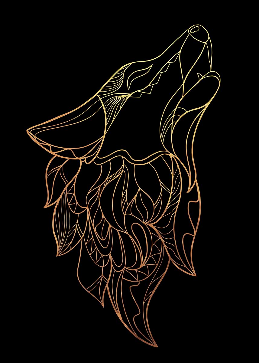 'Golden Wolf Howl Line Art' Poster, picture, metal print, paint by Tao ...