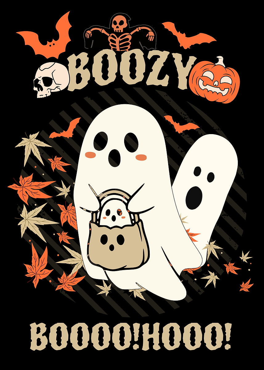 'Cute Halloween Ghosts with Boozy Text' Poster, picture, metal print ...