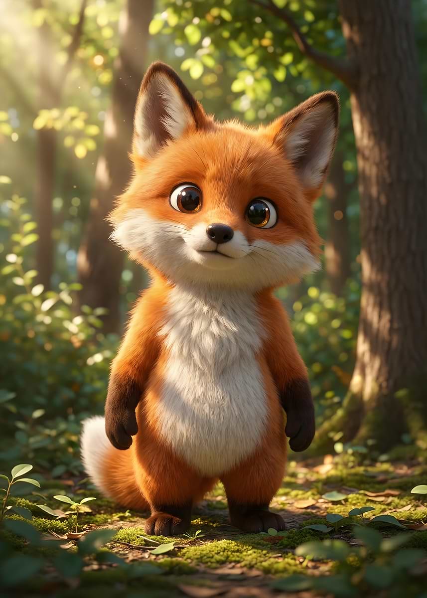 'Cute Cartoon Fox in Forest' Poster, picture, metal print, paint by ...