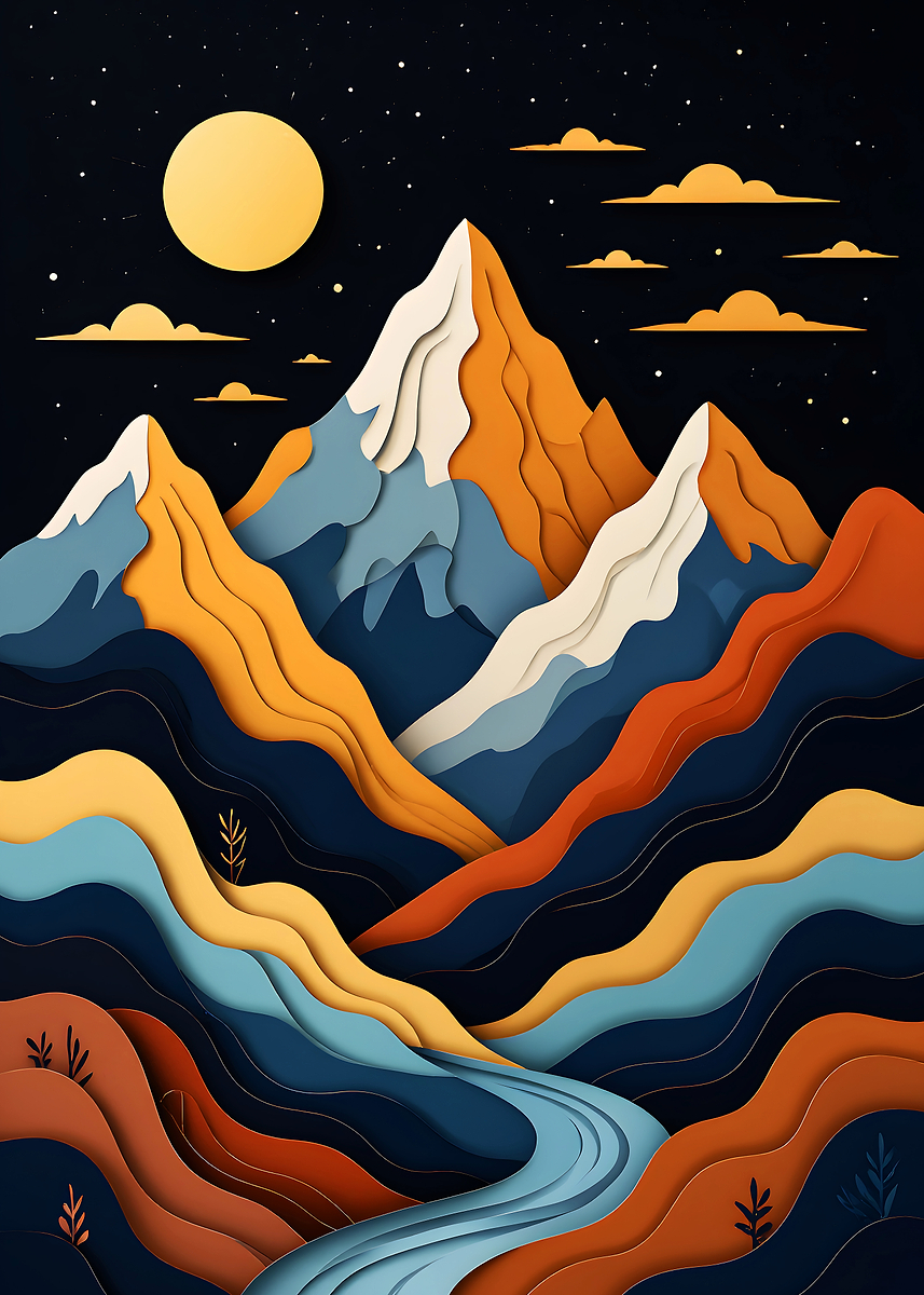 'Abstract Mountain Landscape with Moon' Poster, picture, metal print ...