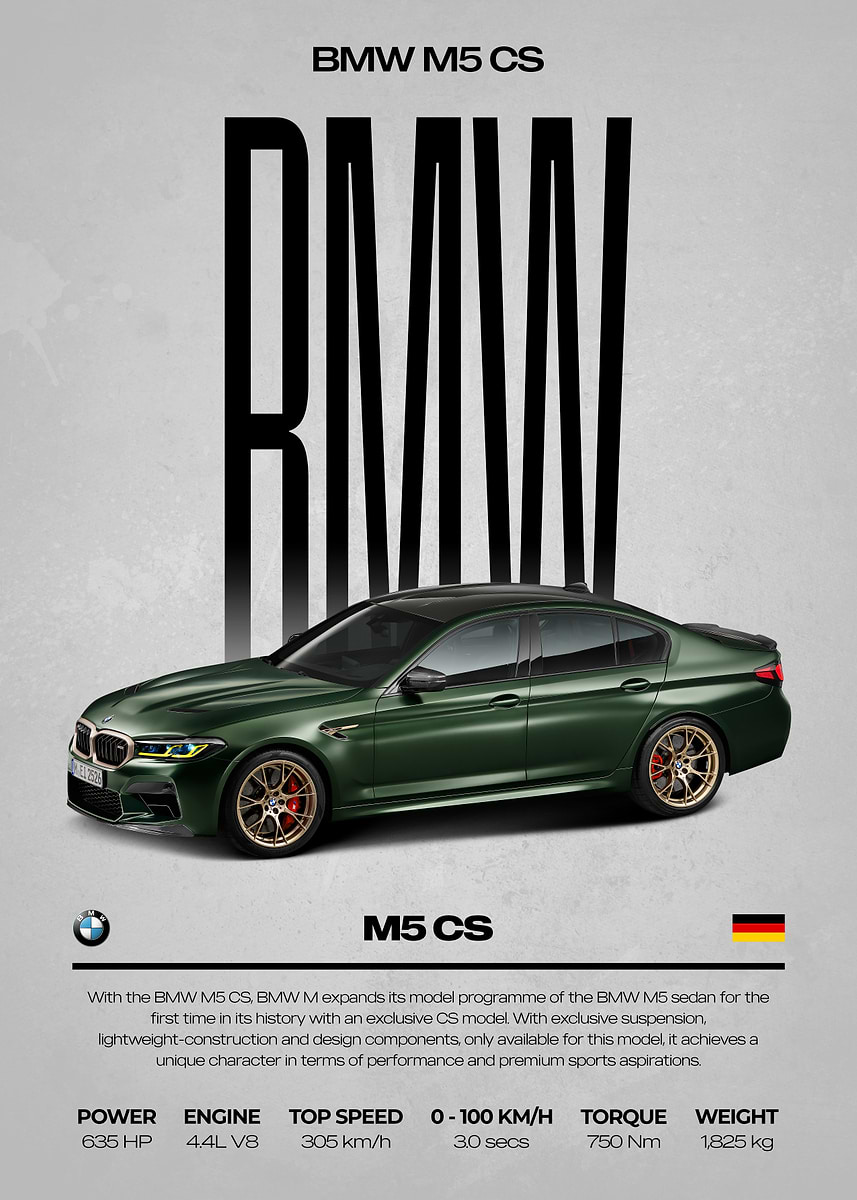 'BMW M5 CS Car Poster' Poster, picture, metal print, paint by ...