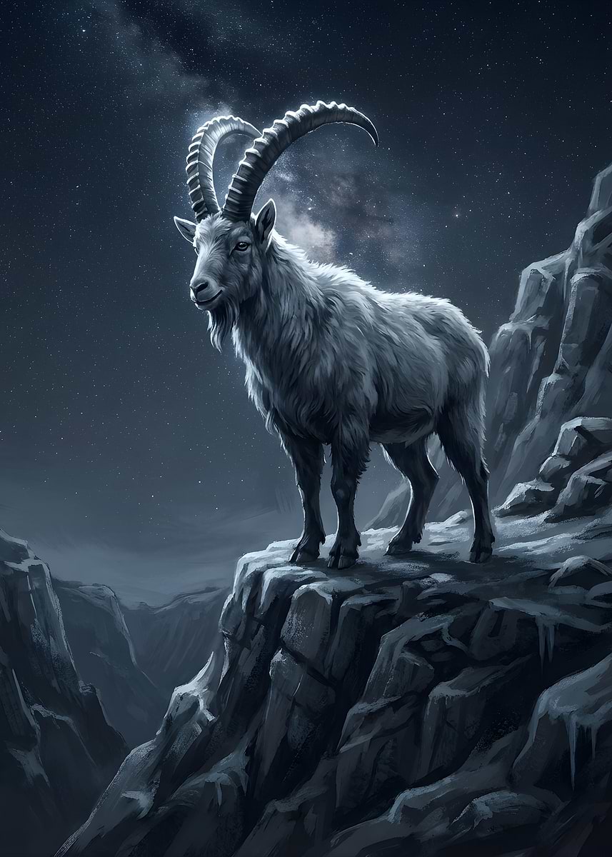 'Ibex on Mountain Peak at Night' Poster, picture, metal print, paint by ...