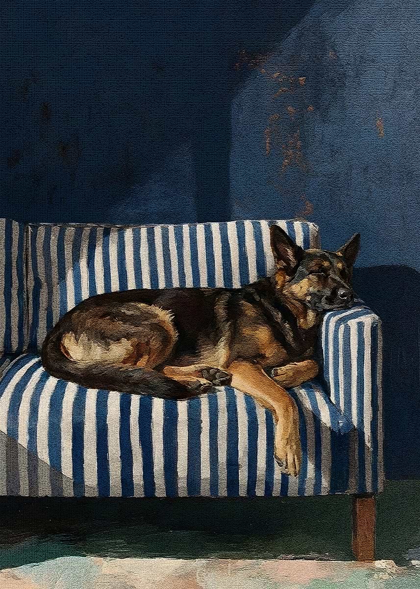 'Sleeping German Shepherd on Striped Couch' Poster, picture, metal ...