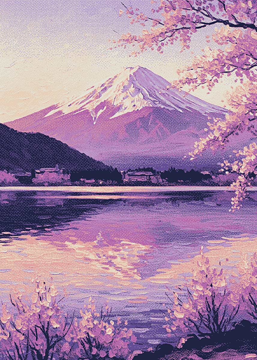 'Mount Fuji Cherry Blossoms Pixel Art' Poster, picture, metal print ...