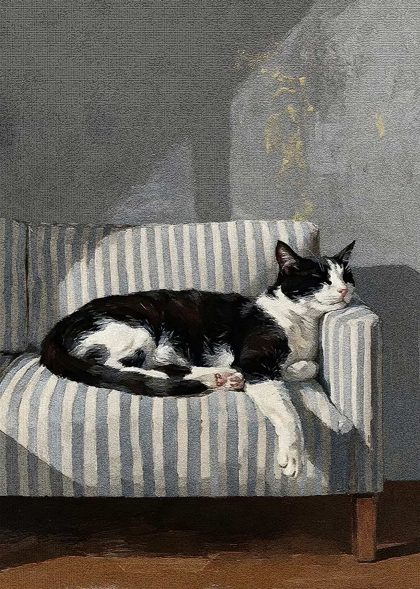 'Cat Nap on Striped Armchair' Poster, picture, metal print, paint by ...
