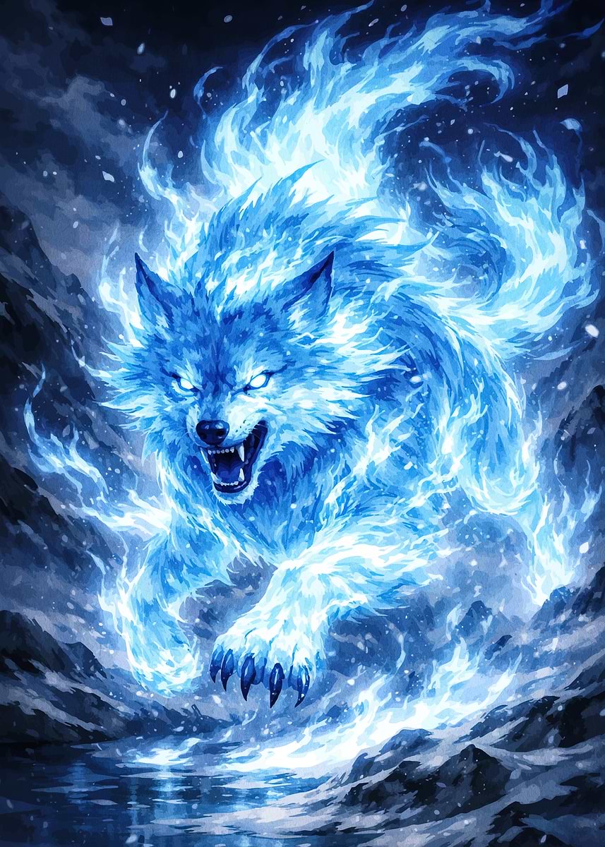 'Blue Fire Wolf Fantasy Art' Poster, picture, metal print, paint by ...