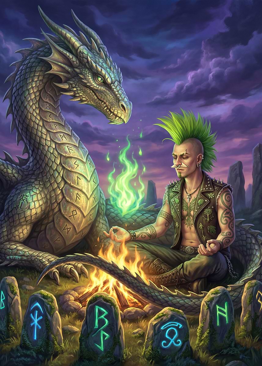 'Dragon and Punk Meditating by Fire' Poster, picture, metal print ...