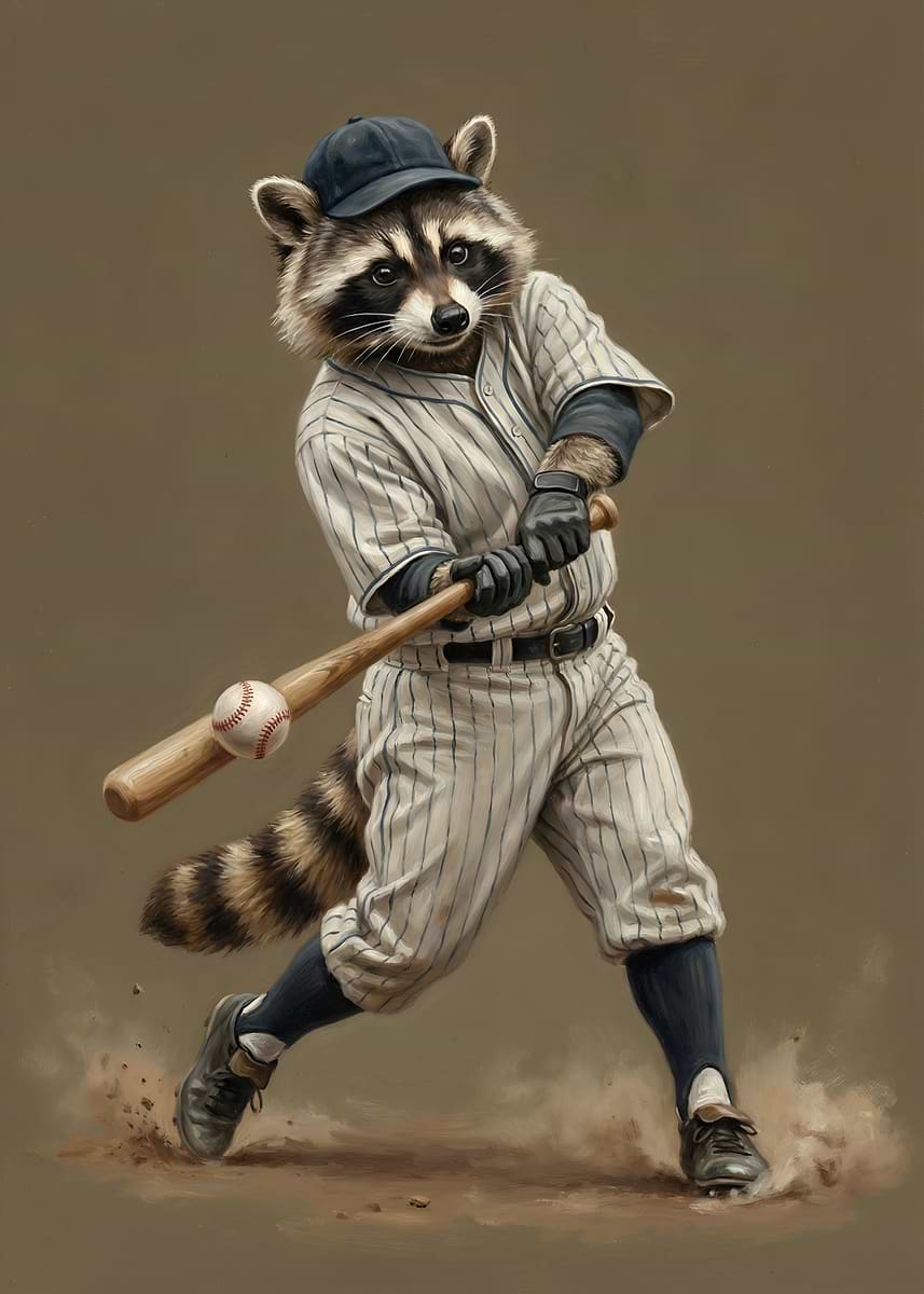 'Raccoon Baseball Player Hitting Ball' Poster, picture, metal print ...