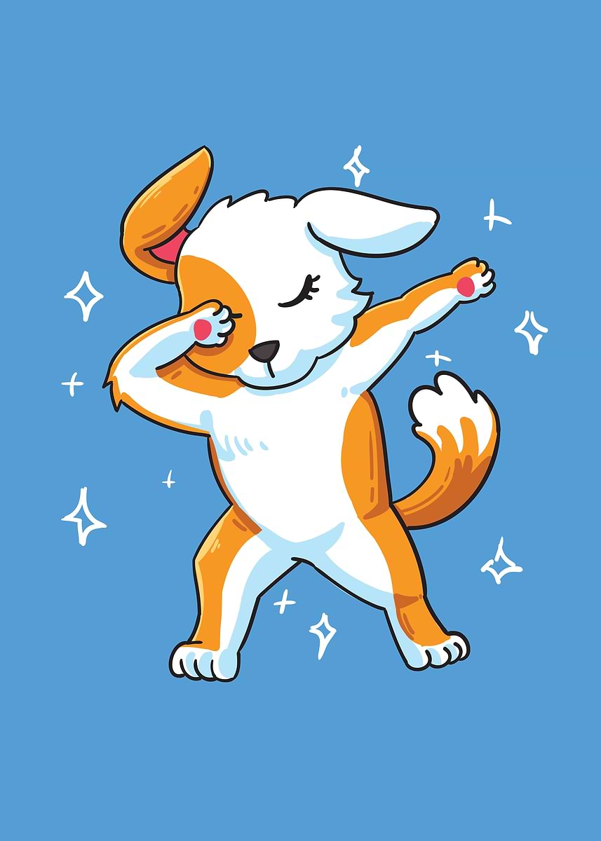 'Cartoon Dog Dabbing on Blue Background' Poster, picture, metal print ...