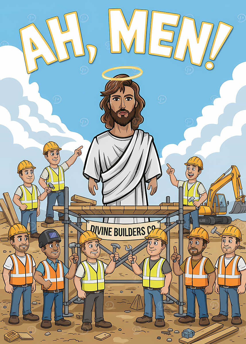 'Ah, Men! Divine Builders Cartoon' Poster, picture, metal print, paint ...