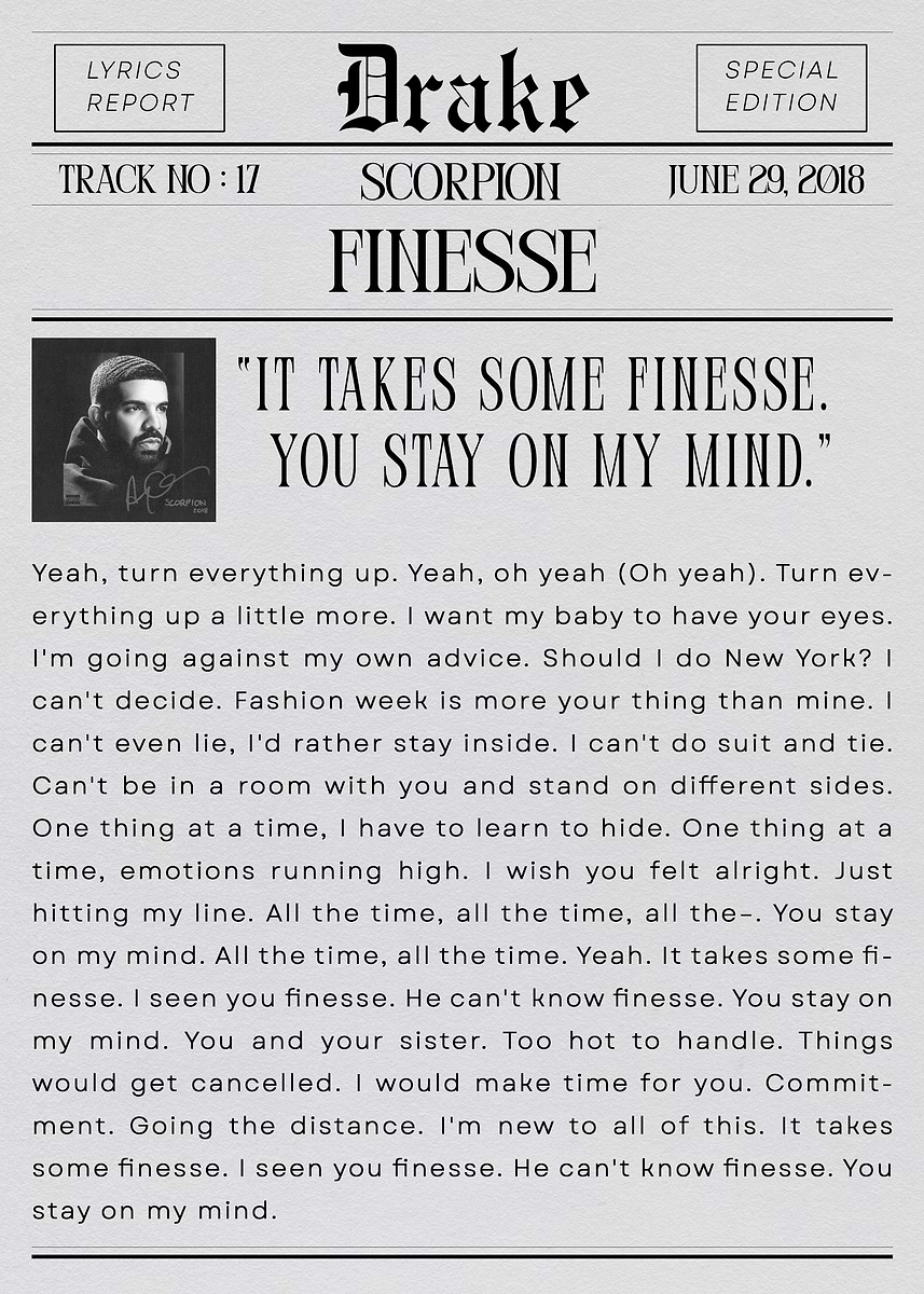 'Drake - Finesse Lyrics Report' Poster, picture, metal print, paint by ...