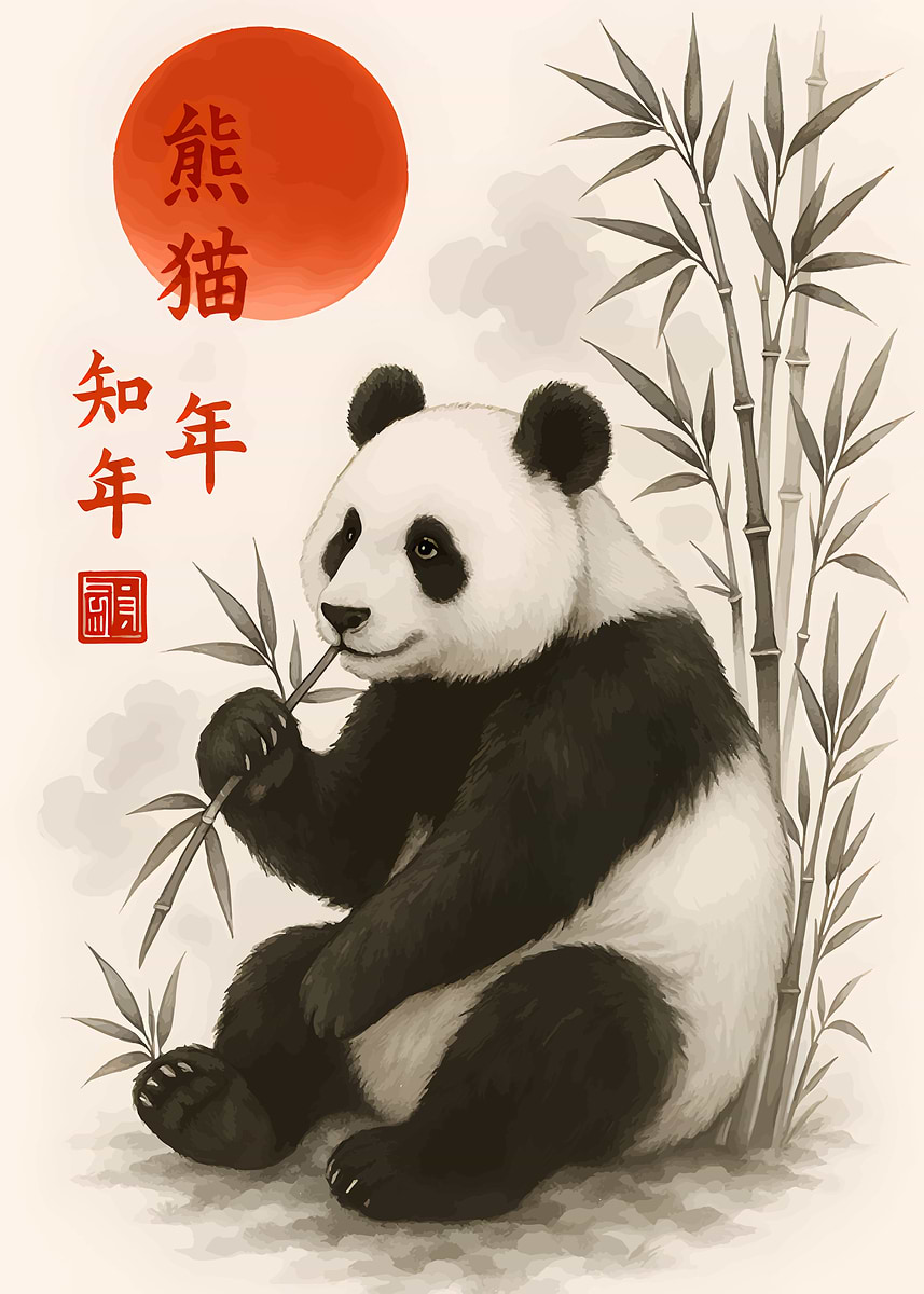 'Panda with Bamboo and Red Sun' Poster, picture, metal print, paint by ...