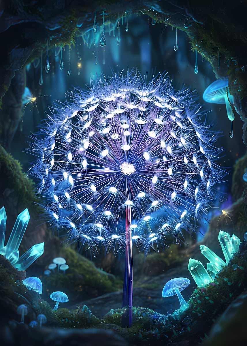 'Glowing Dandelion in Enchanted Forest' Poster, picture, metal print ...