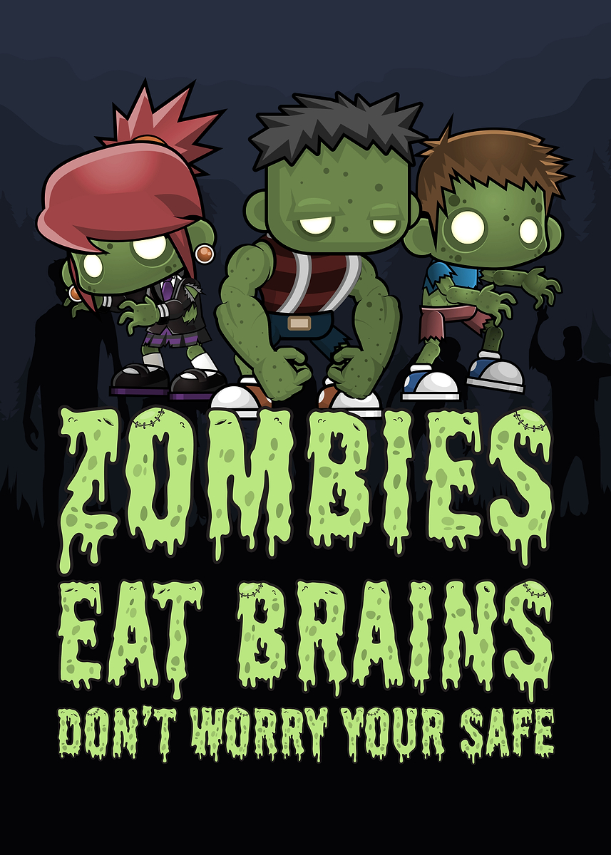 'Cartoon Zombies Eat Brains Illustration' Poster, picture, metal print ...
