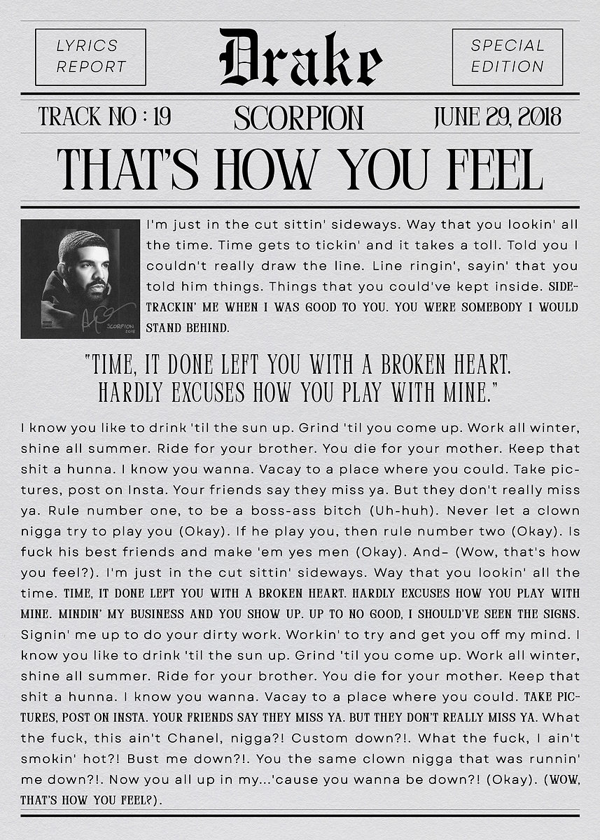 'Drake Scorpion Lyrics Report' Poster, picture, metal print, paint by ...