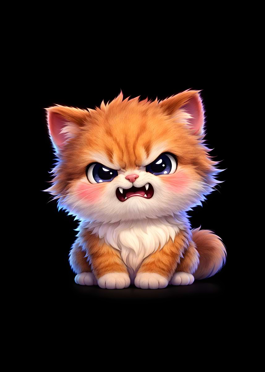 'Angry Cartoon cute Kitten on Black Background' Poster, picture, metal ...