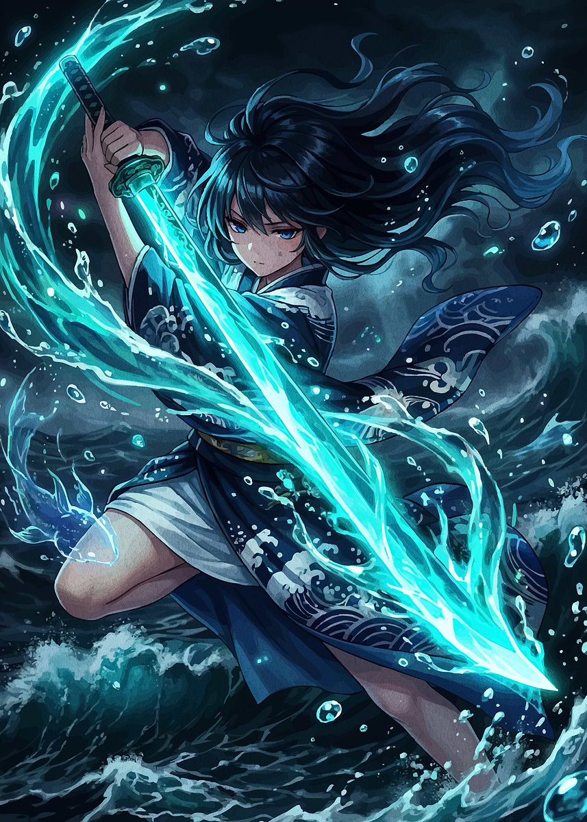 'Anime Girl with Sword and Water' Poster, picture, metal print, paint ...