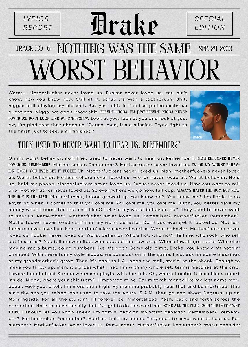 'Drake Worst Behavior Lyrics Report' Poster, picture, metal print ...