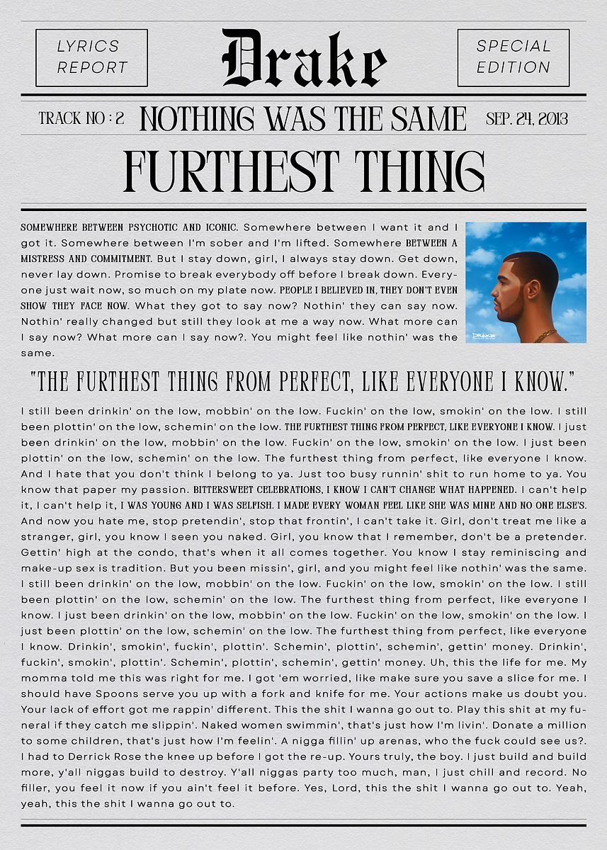 'Drake - Furthest Thing Lyrics Report' Poster, picture, metal print ...
