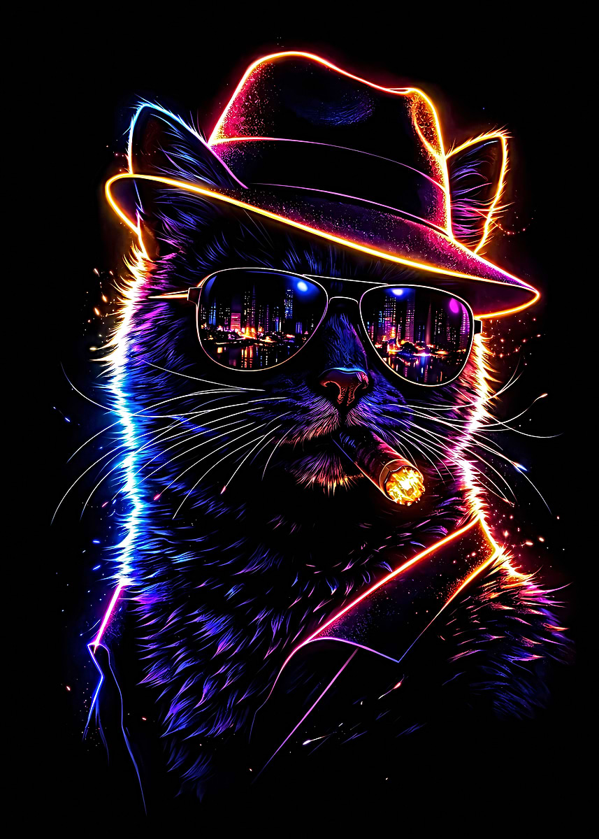 'Great Art Neon Cat Gangster with City Reflection' Poster, picture ...