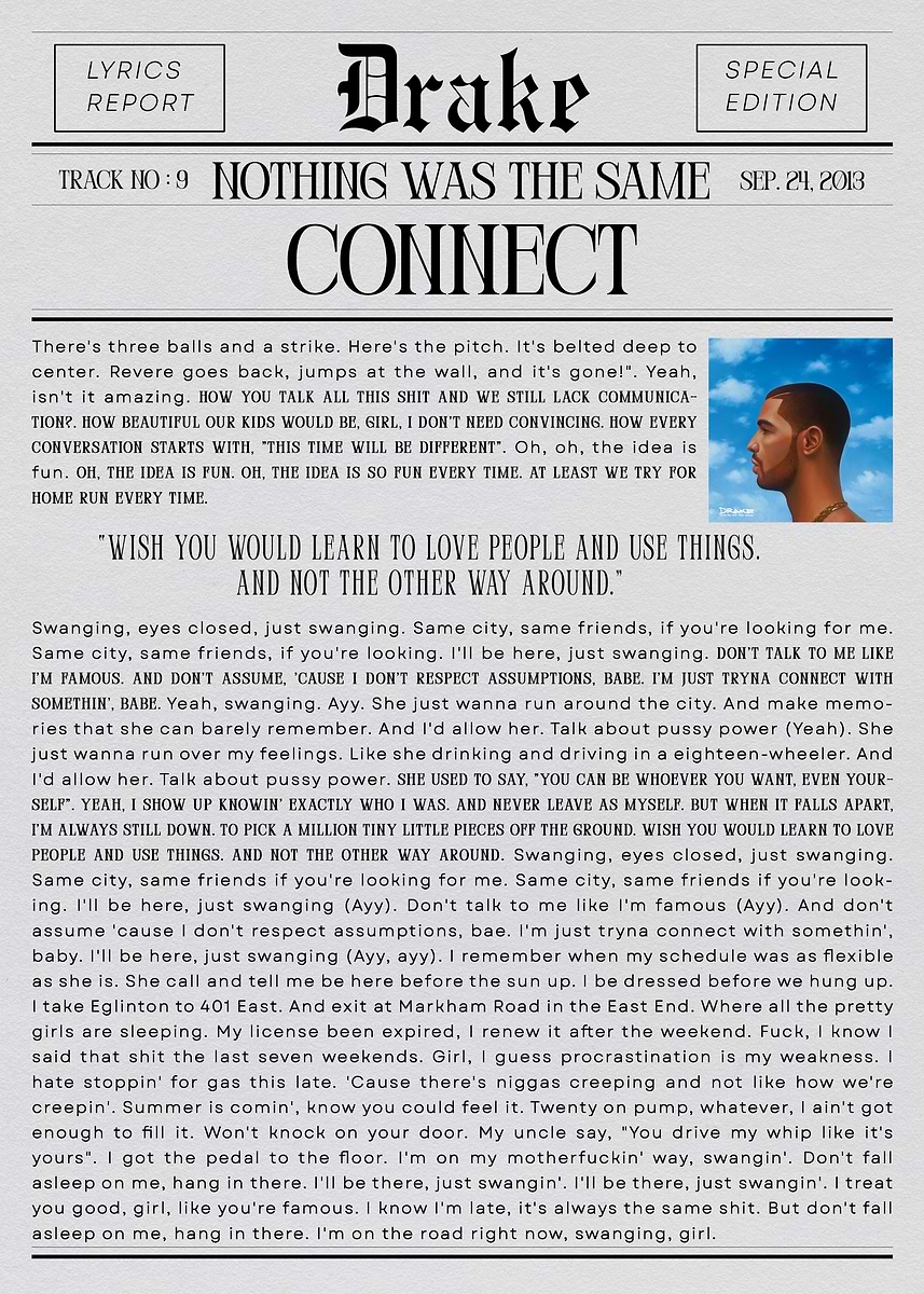 'Drake - Connect Lyrics Report' Poster, picture, metal print, paint by ...