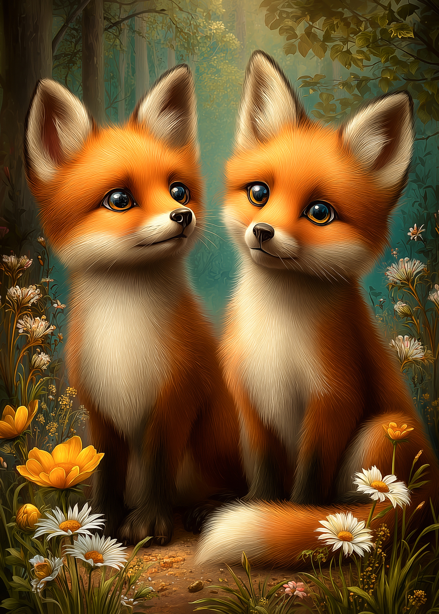 'Two Cute Fox Cubs in Forest' Poster, picture, metal print, paint by ...