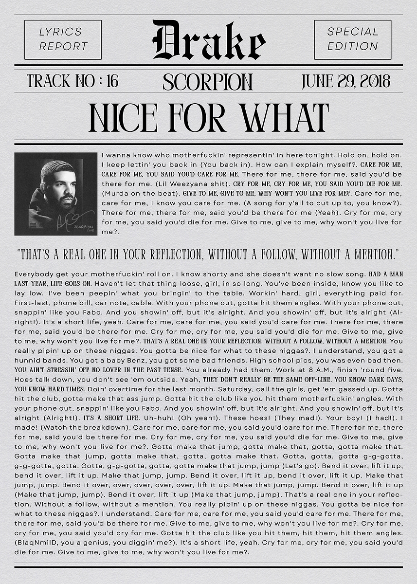 'Drake - Nice For What Lyrics Report' Poster, picture, metal print ...