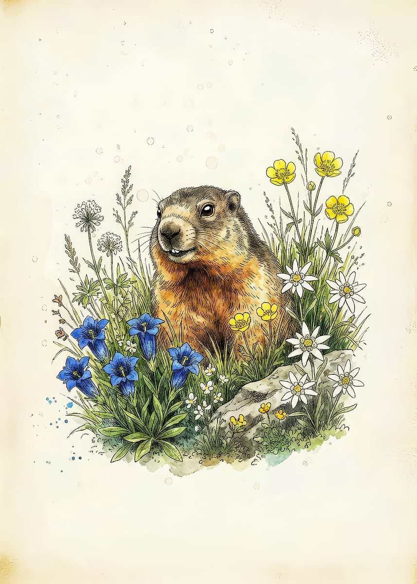 'Alpine Marmot Botanical Watercolor Art - Vintage Field Guide Wildlife ...