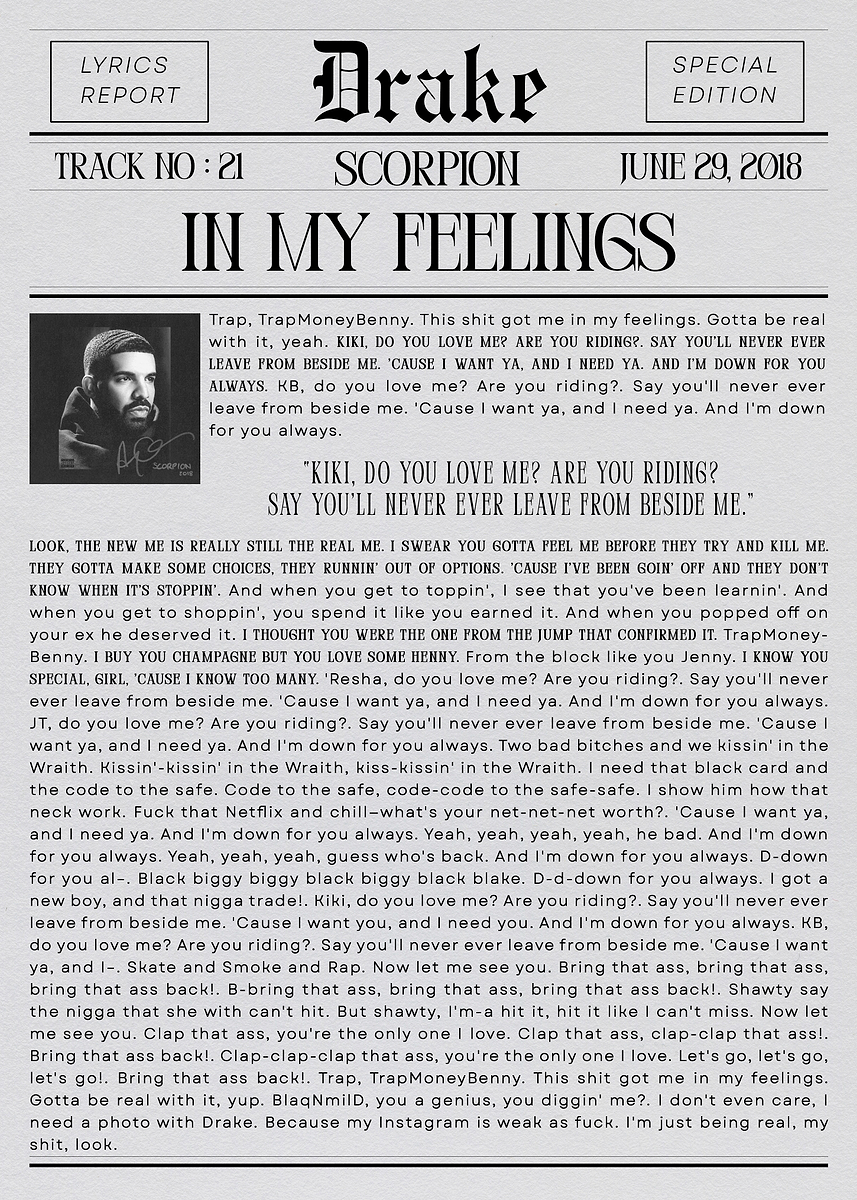 'Drake - In My Feelings Lyrics Report' Poster, picture, metal print ...