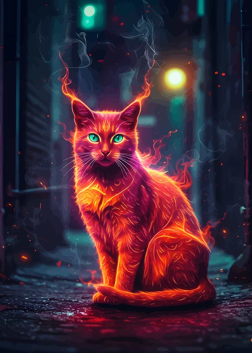 'Fiery Cat in Urban Setting' Poster, picture, metal print, paint by ...