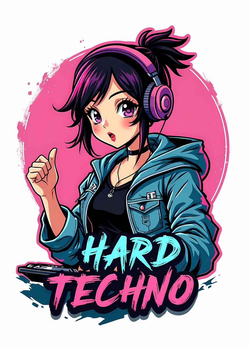 'Anime Girl with Headphones - Hard Techno' Poster, picture, metal print ...