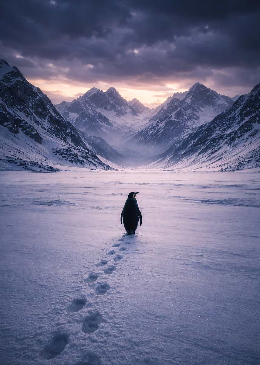 'Penguin in Snowy Mountain Landscape' Poster, picture, metal print ...