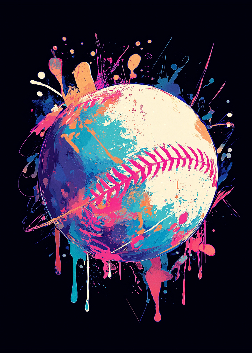 'Colorful Baseball Art with Paint Splatters' Poster, picture, metal ...