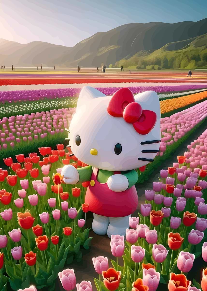 'Hello Kitty in a Tulip Field' Poster, picture, metal print, paint by ...