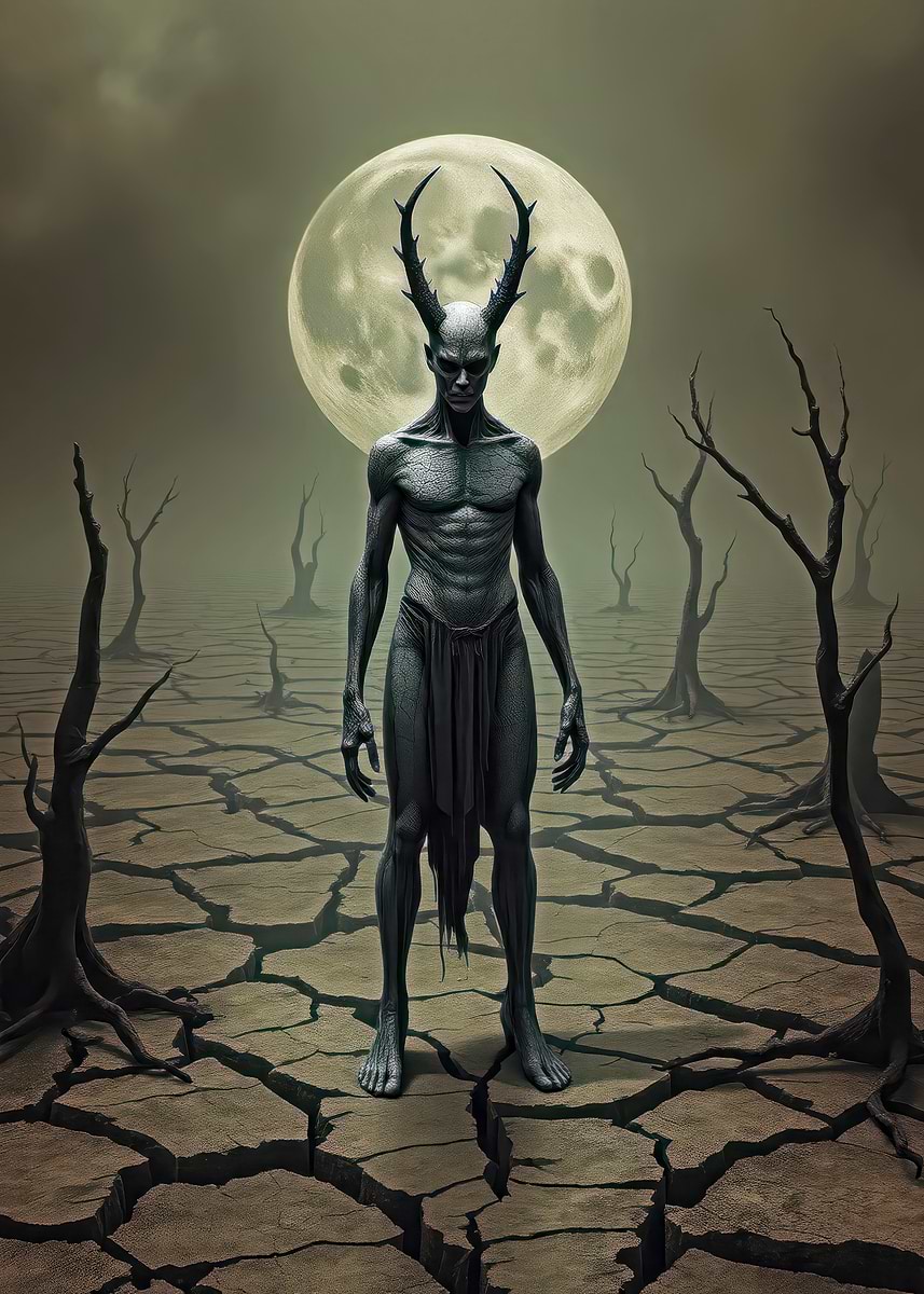 'Horned Figure in Barren Landscape' Poster, picture, metal print, paint ...