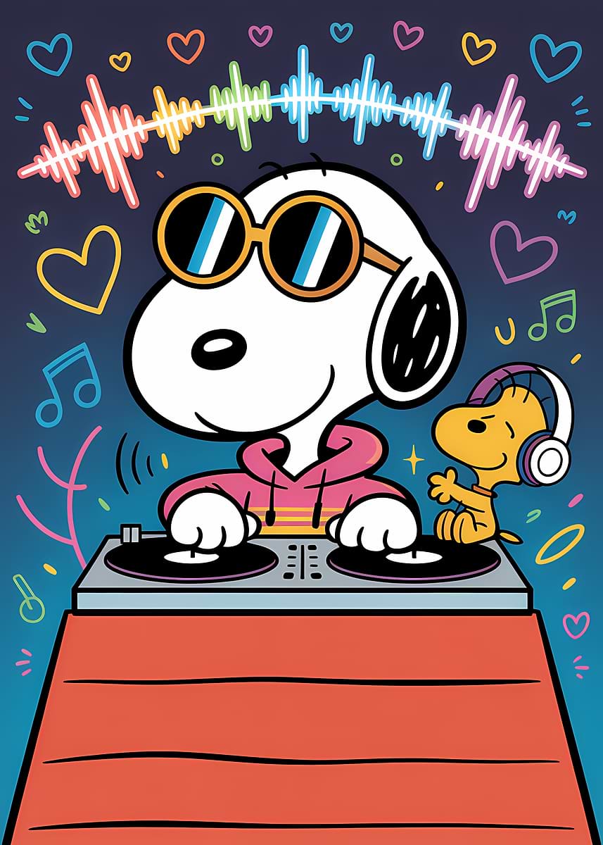 'DJ Snoopy and Woodstock Cartoon Illustration' Poster, picture, metal ...