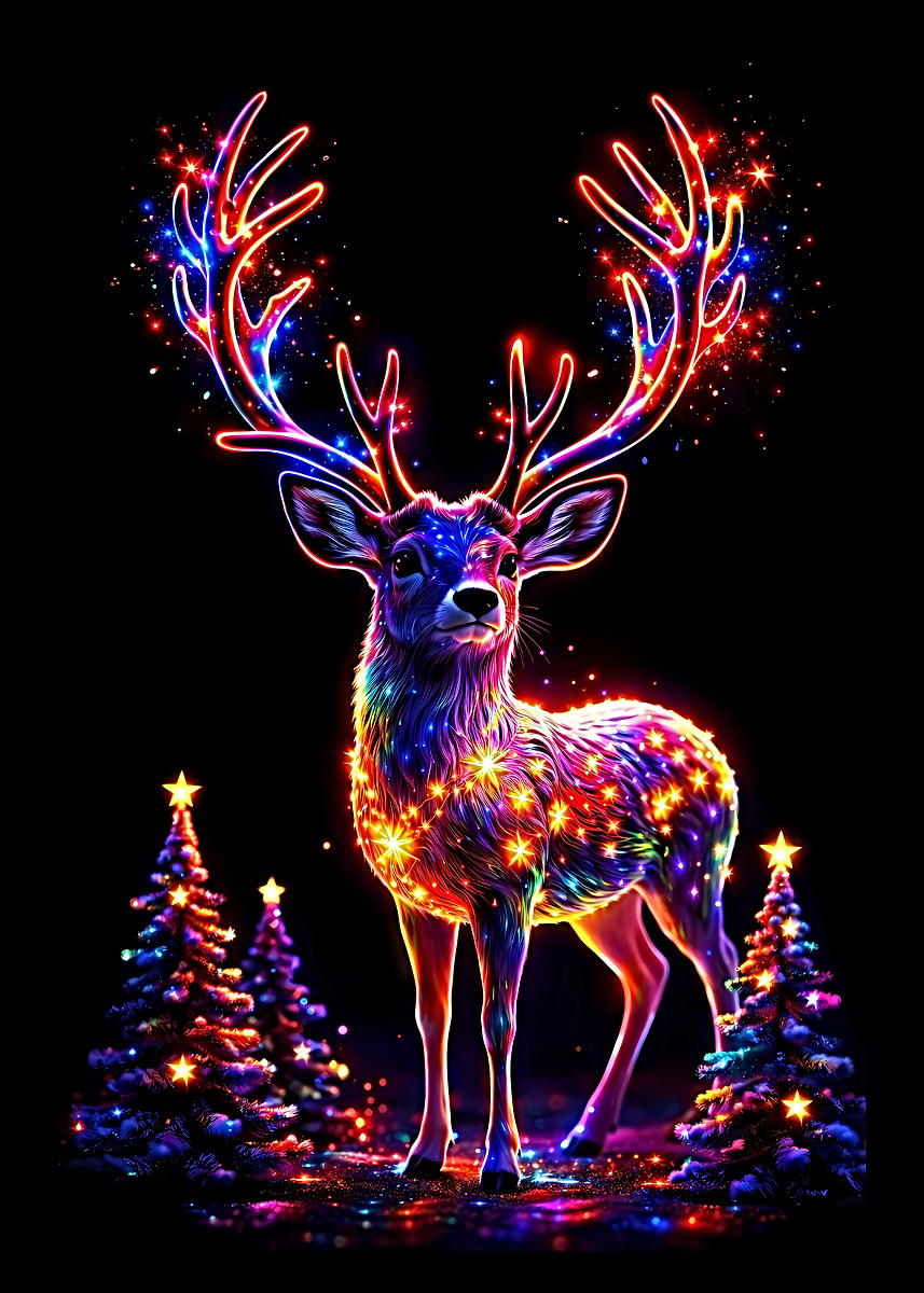 'Great Art Neon Reindeer with Christmas Trees' Poster, picture, metal ...