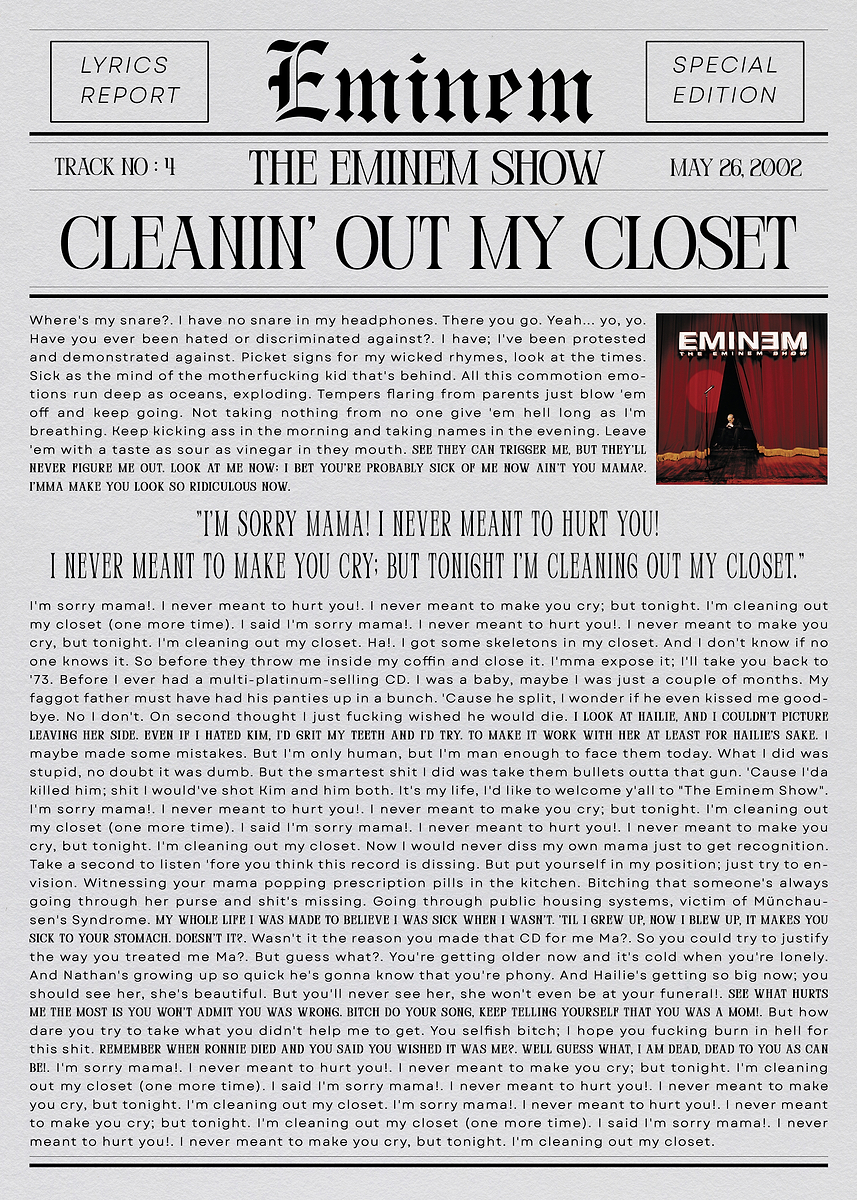 'Eminem - Cleanin' Out My Closet Lyrics' Poster, picture, metal print ...