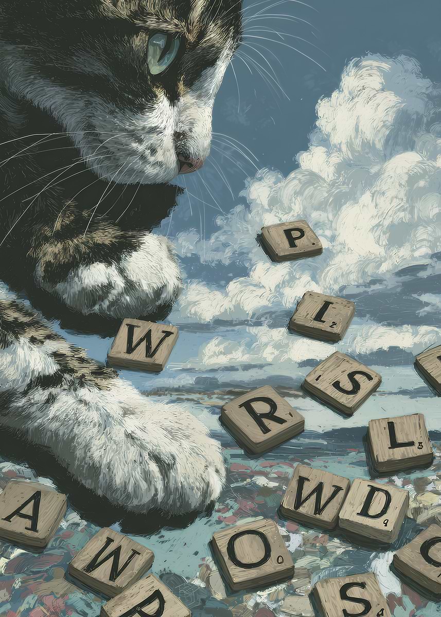 'Cat playing with Scrabble tiles in the clouds' Poster, picture, metal ...