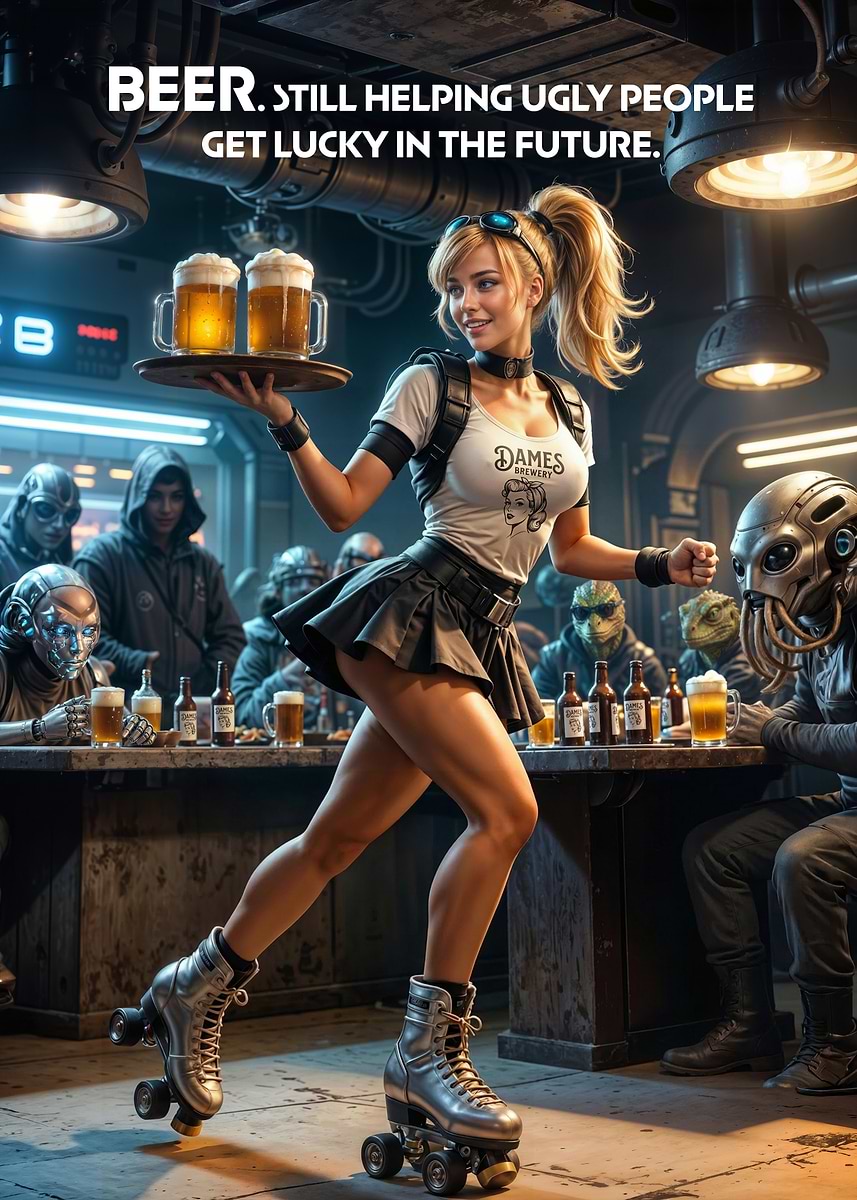 'Cyberpunk Barmaid Serving Beer on Skates' Poster, picture, metal print ...
