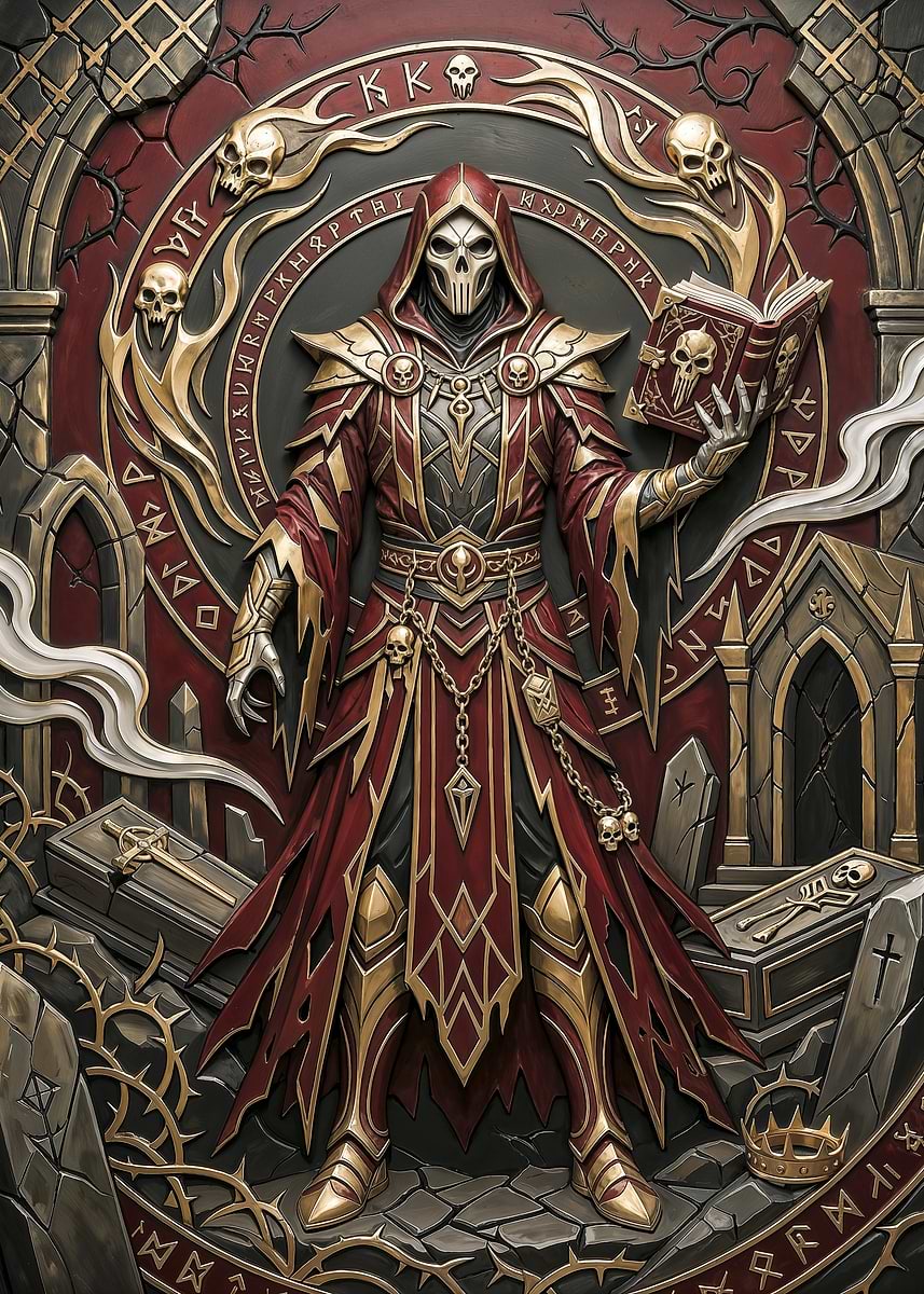 'Crimson Lich Necromancer with Spellbook – Gothic Dark Fantasy Wall Art ...