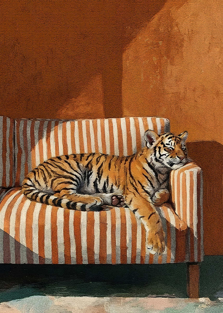 'Resting Tiger on Striped Couch' Poster, picture, metal print, paint by ...