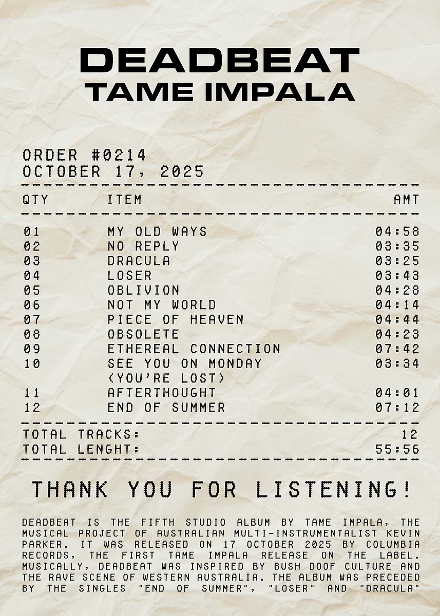 'Deadbeat Tame Impala Album Receipt' Poster, picture, metal print ...