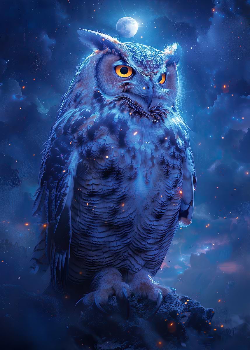 'Moonlit Owl Portrait – Night Sky Guardian' Poster, picture, metal ...