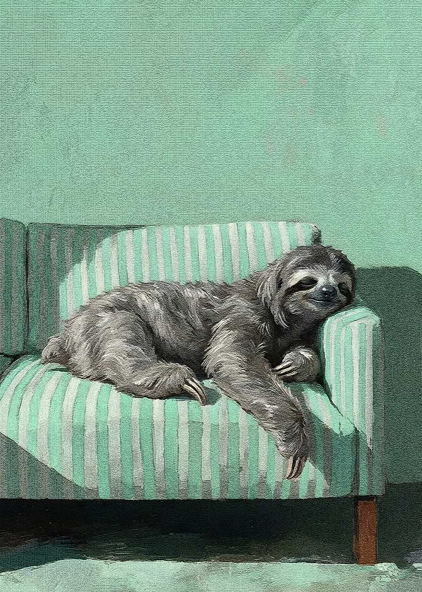 'Sloth Resting on Striped Couch' Poster, picture, metal print, paint by ...