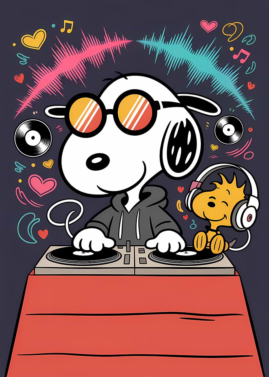 'Snoopy and Woodstock DJ Cartoon' Poster, picture, metal print, paint ...
