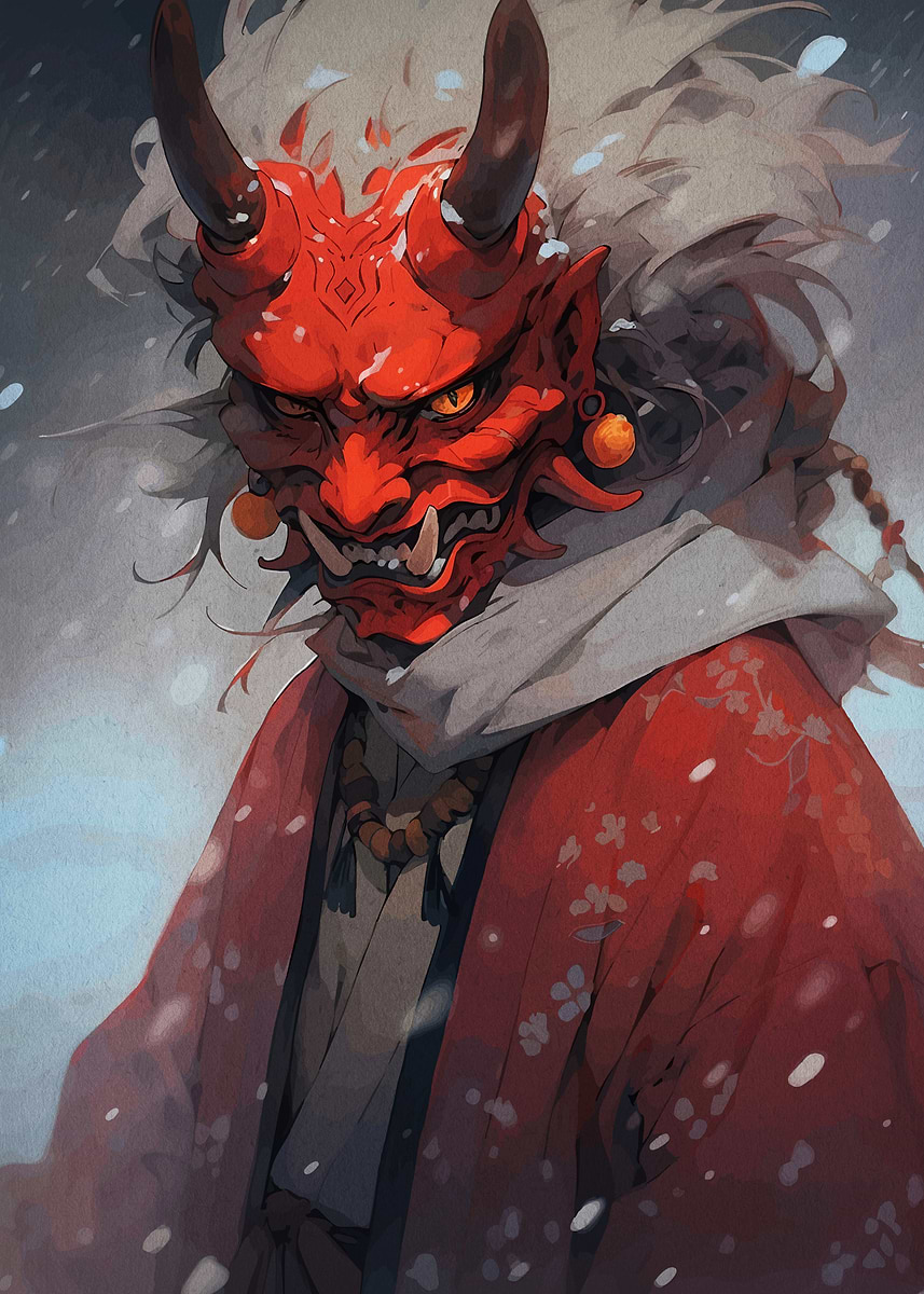 'Red Oni Mask in Snow' Poster, picture, metal print, paint by Ruby ...